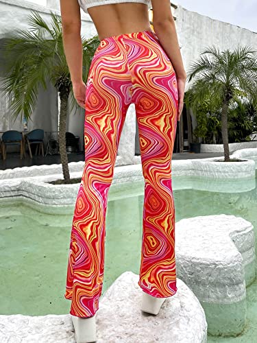 WDIRARA Women's Floral Print Elastic Waist Flare Leg Pants Stretchy Casual Long Pants Multicolour Marble M