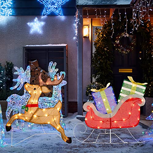 Hourleey Christmas Outdoor Decorations Yard, Pre-Lit Lighted 2D Santa Sleigh Reindeer with 50 Count Warm White Light, Waterproof Outdoor Christmas Deer Decorations for Yard Patio Lawn Garden Party