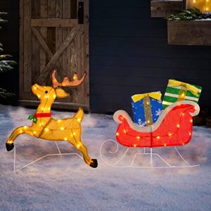 Hourleey Christmas Outdoor Decorations Yard, Pre-Lit Lighted 2D Santa Sleigh Reindeer with 50 Count Warm White Light, Waterproof Outdoor Christmas Deer Decorations for Yard Patio Lawn Garden Party