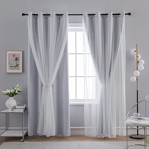 Anytime Home Curtains Blackout and Sheer Layered Solid Window Curtain Panel Pair with Grommet Top, 52Wx63L,Greyish White