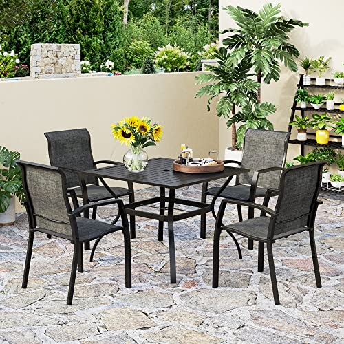 PHI VILLA Outdoor Patio Aluminum Dining Set for 4, Garden Furniture Sling Dining Table Set with Square Metal Dining Table and Aluminum Wider Armrest Dining Chairs for Deck, Yard (Grey)