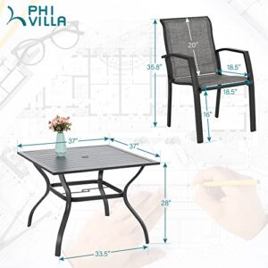 PHI VILLA Outdoor Patio Aluminum Dining Set for 4, Garden Furniture Sling Dining Table Set with Square Metal Dining Table and Aluminum Wider Armrest Dining Chairs for Deck, Yard (Grey)