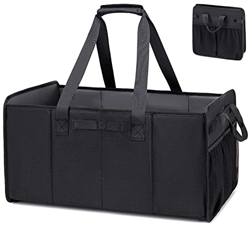 Car Trunk Organizer, Foldable Car Storage Bag for Car Collapsible Vehicle Cargo Suv Sedan Portable Sturdy Extra Large Tote Bag Portable Canvas Basket Reusable Grocery Shopping Bag Waterproof (BLACK)