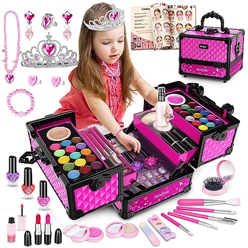 Hollyhi 65 Pcs Kids Makeup Kit for Girl, Washable Play Makeup Toys Set for Dress Up, Pretend Beauty Vanity Set with Cosmetic Case Birthday Toys for Girls 3 4 5 6 7 8 9 10 11 12 Year Old Kids Toddlers