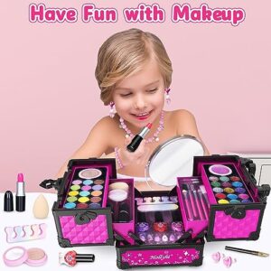 Hollyhi 65 Pcs Kids Makeup Kit for Girl, Washable Play Makeup Toys Set for Dress Up, Pretend Beauty Vanity Set with Cosmetic Case Birthday Toys for Girls 3 4 5 6 7 8 9 10 11 12 Year Old Kids Toddlers