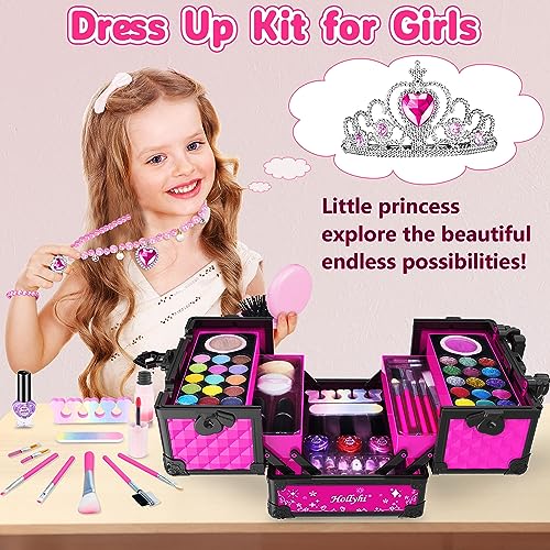 Hollyhi 65 Pcs Kids Makeup Kit for Girl, Washable Play Makeup Toys Set for Dress Up, Pretend Beauty Vanity Set with Cosmetic Case Birthday Toys for Girls 3 4 5 6 7 8 9 10 11 12 Year Old Kids Toddlers