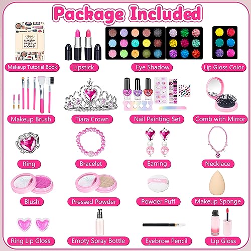 Hollyhi 65 Pcs Kids Makeup Kit for Girl, Washable Play Makeup Toys Set for Dress Up, Pretend Beauty Vanity Set with Cosmetic Case Birthday Toys for Girls 3 4 5 6 7 8 9 10 11 12 Year Old Kids Toddlers