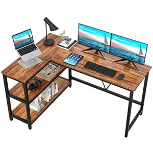 greenforest l shaped desk 55x39.4 inch large reversible corner gaming computer desk with storage shelves for home office pc workstation laptop table, walnut