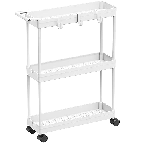 SimpleHouseware Kitchen Cart Storage 3-Tier Slim/Super Narrow Shelves with Handle, 26.5'' Height/5.5'' Width for Narrow Place, White