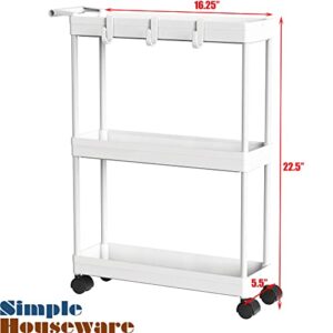 SimpleHouseware Kitchen Cart Storage 3-Tier Slim/Super Narrow Shelves with Handle, 26.5'' Height/5.5'' Width for Narrow Place, White