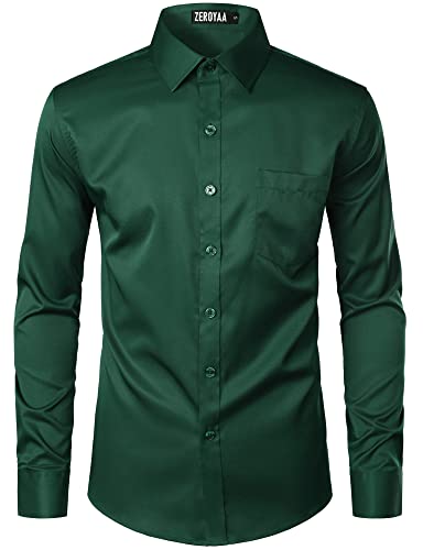 ZEROYAA Men's Urban Stylish Casual Business Slim Fit Long Sleeve Button Up Dress Shirt with Pocket ZLCL29-Dark Green Small