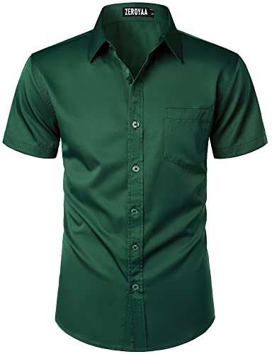 ZEROYAA Men's Casual Urban Stylish Slim Fit Short Sleeve Button Up Dress Shirt with Pocket ZLSC15-Dark Green Large