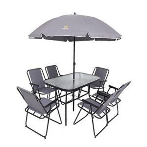 Nice C Outdoor Dining Sets, Patio Furniture Set, 8 Piece Patio Set with Umbrella, Garden Outdoor Furniture Table Set with Tilted Removable Umbrella, Glass Table, and 6 Folding Chairs