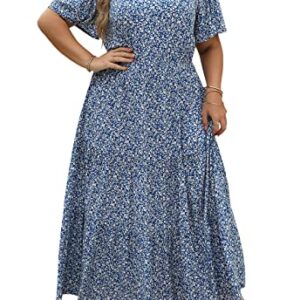 Nemidor Womens Plus Size Boho Ditsy Floral Print Casual Layered Flared Maxi Dress with Pocket NEM304(22,Blue White)