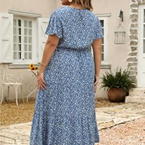 Nemidor Womens Plus Size Boho Ditsy Floral Print Casual Layered Flared Maxi Dress with Pocket NEM304(22,Blue White)