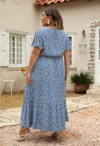 Nemidor Womens Plus Size Boho Ditsy Floral Print Casual Layered Flared Maxi Dress with Pocket NEM304(22,Blue White)