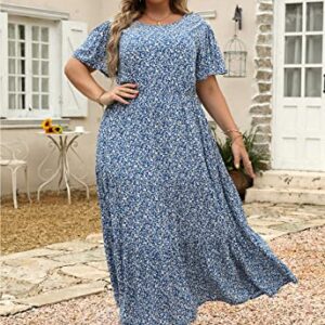 Nemidor Womens Plus Size Boho Ditsy Floral Print Casual Layered Flared Maxi Dress with Pocket NEM304(22,Blue White)