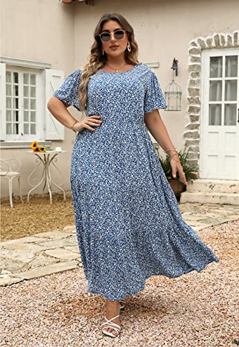 Nemidor Womens Plus Size Boho Ditsy Floral Print Casual Layered Flared Maxi Dress with Pocket NEM304(22,Blue White)