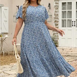 Nemidor Womens Plus Size Boho Ditsy Floral Print Casual Layered Flared Maxi Dress with Pocket NEM304(22,Blue White)