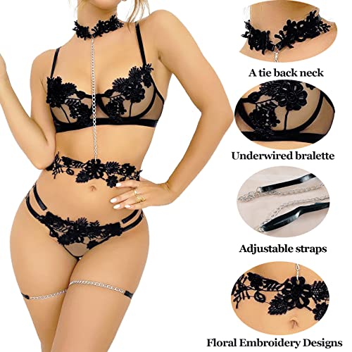 LQWY Women's Garter Lingerie Set Sexy Chain Teddy Babydoll Strappy Lace Bra and Panty Set