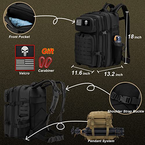 COSCOOA Tactical Military Backpack for Man, 45L Waterproof Army Pack Rucksack Hiking Laptop Backpack 3 Day Bug Out Bag, Includes Two Flags and Two Carabiner