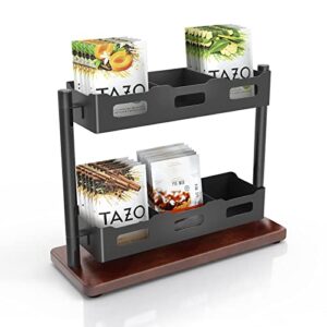 tea bag organizer, 2 tier tea bags organizer holdr holds 50 teabags, solid wood vertical tea storage, tea rack for tea bags, countertop, black