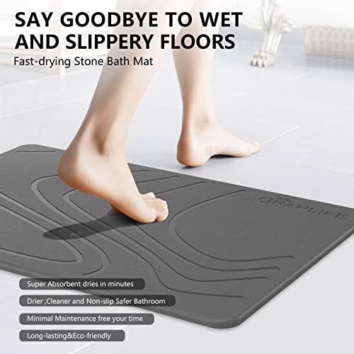 Graplife Stone Bath Mat - Non-Slip Fast-Drying Mat for Kitchen Counter, Tub & Bathroom Floor - Super Absorbent Diatomaceous Earth Shower Mat - Elegant Home Decor & Modern Accessories - Gray 23.5x15”