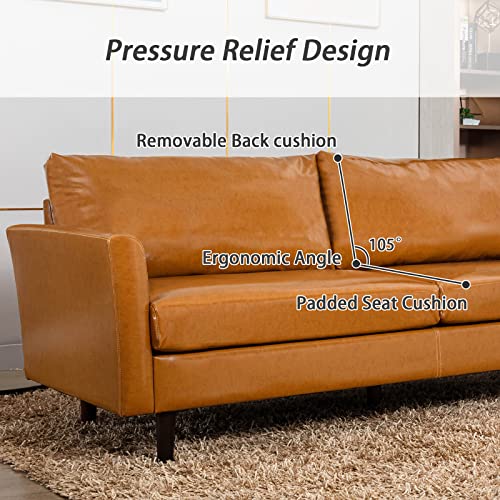 Dreamsir 80'' Faux Leather Sofa Couch, Mid-Century Modern Sofa with Solid Wooden Frame & Padded Cushions, 3-Seater Couch for Living Room, Apartment, Lounge Room (Camel)