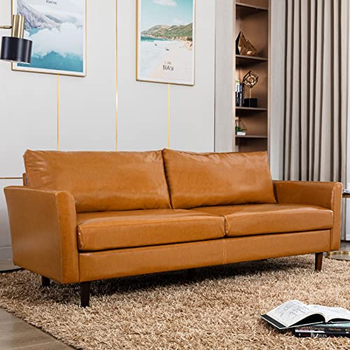 Dreamsir 80'' Faux Leather Sofa Couch, Mid-Century Modern Sofa with Solid Wooden Frame & Padded Cushions, 3-Seater Couch for Living Room, Apartment, Lounge Room (Camel)