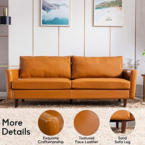 Dreamsir 80'' Faux Leather Sofa Couch, Mid-Century Modern Sofa with Solid Wooden Frame & Padded Cushions, 3-Seater Couch for Living Room, Apartment, Lounge Room (Camel)