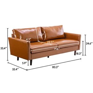 Dreamsir 80'' Faux Leather Sofa Couch, Mid-Century Modern Sofa with Solid Wooden Frame & Padded Cushions, 3-Seater Couch for Living Room, Apartment, Lounge Room (Camel)