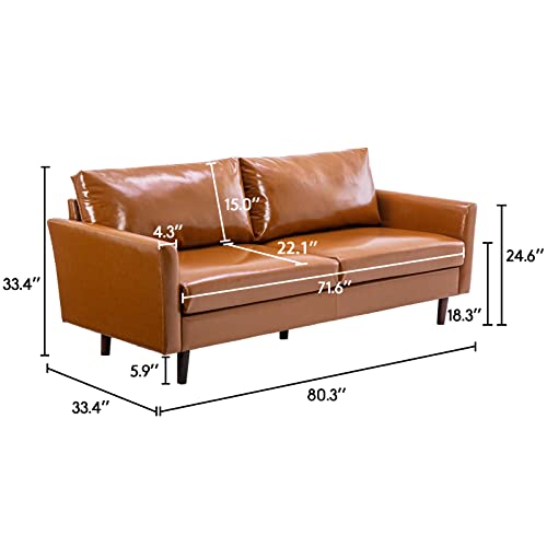 Dreamsir 80'' Faux Leather Sofa Couch, Mid-Century Modern Sofa with Solid Wooden Frame & Padded Cushions, 3-Seater Couch for Living Room, Apartment, Lounge Room (Camel)