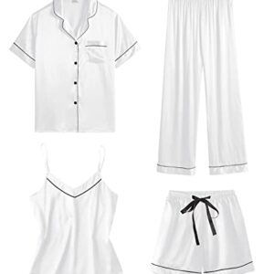 SWOMOG Satin Pajama Set Women Silk Pjs Set Short Sleeve 4 Piece Button Down Sleepwear Lounge Sets White