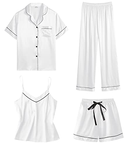 SWOMOG Satin Pajama Set Women Silk Pjs Set Short Sleeve 4 Piece Button Down Sleepwear Lounge Sets White