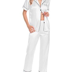 SWOMOG Satin Pajama Set Women Silk Pjs Set Short Sleeve 4 Piece Button Down Sleepwear Lounge Sets White