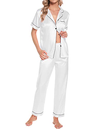 SWOMOG Satin Pajama Set Women Silk Pjs Set Short Sleeve 4 Piece Button Down Sleepwear Lounge Sets White