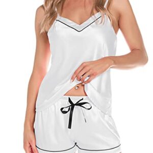 SWOMOG Satin Pajama Set Women Silk Pjs Set Short Sleeve 4 Piece Button Down Sleepwear Lounge Sets White