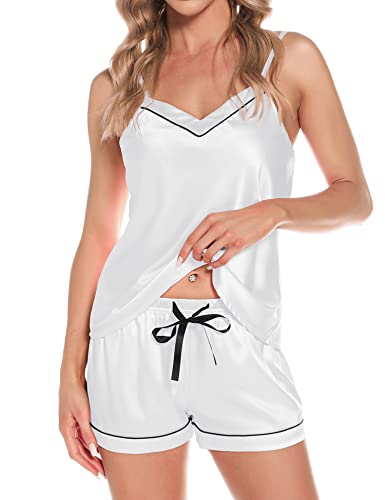 SWOMOG Satin Pajama Set Women Silk Pjs Set Short Sleeve 4 Piece Button Down Sleepwear Lounge Sets White