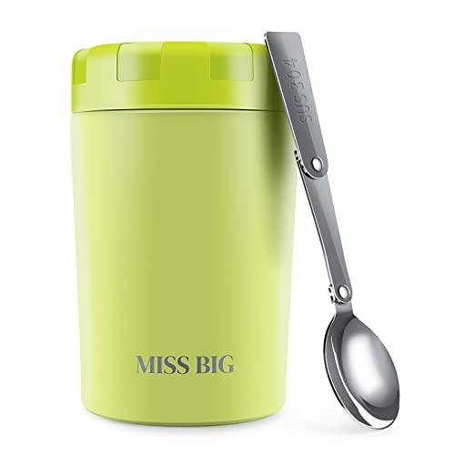 MISS BIG Insulated Food Container, 17oz Thermos for Hot Food for Kids & Adult,Leakproof,BPAs Free, Food Thermos with Spoon,Keep Hot & Cold Food for School,Office,Travel Bento Box for Hot Food (Green)