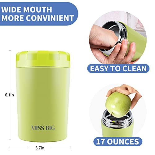 MISS BIG Insulated Food Container, 17oz Thermos for Hot Food for Kids & Adult,Leakproof,BPAs Free, Food Thermos with Spoon,Keep Hot & Cold Food for School,Office,Travel Bento Box for Hot Food (Green)