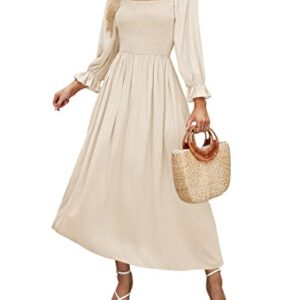 ZESICA Women's Casual Square Neck 3/4 Puff Sleeve Solid Color Smocked High Waist Flowy Midi Dress,Beige,Small