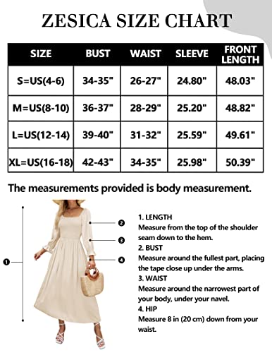 ZESICA Women's Casual Square Neck 3/4 Puff Sleeve Solid Color Smocked High Waist Flowy Midi Dress,Beige,Small