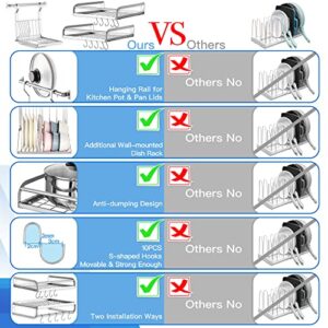 ETECHMART Hanging Pot Rack, 3 in 1 Wall Mounted Pan Holder with 10 Hooks, Heavy Duty Dish Rack Cookware Organizer, Kitchen Storage Shelf for Utensils, 2 Installation Way, Easy Assembly, Silver