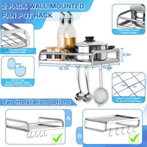 ETECHMART Hanging Pot Rack, 3 in 1 Wall Mounted Pan Holder with 10 Hooks, Heavy Duty Dish Rack Cookware Organizer, Kitchen Storage Shelf for Utensils, 2 Installation Way, Easy Assembly, Silver