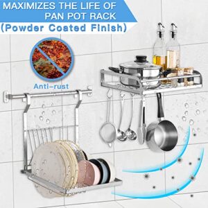 ETECHMART Hanging Pot Rack, 3 in 1 Wall Mounted Pan Holder with 10 Hooks, Heavy Duty Dish Rack Cookware Organizer, Kitchen Storage Shelf for Utensils, 2 Installation Way, Easy Assembly, Silver