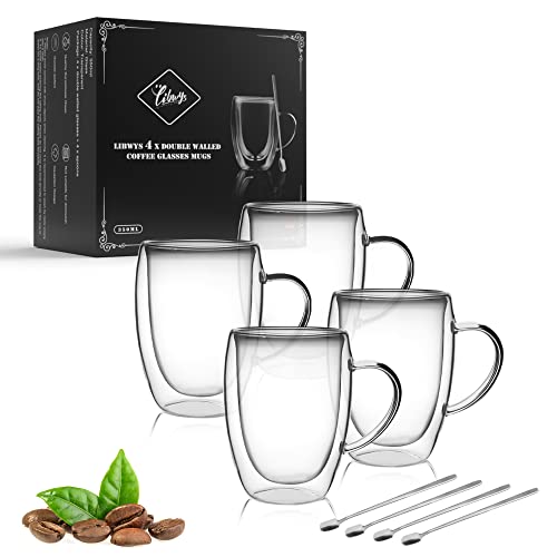 LIBWYS 4 Pack Double Walled Coffee Cups Glasses Mugs, 12oz Espresso Cappuccino Latte Tea Cups with Handle, Heat Resistant Borosilicate Clear Glasses 350ml