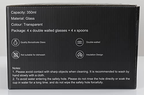 LIBWYS 4 Pack Double Walled Coffee Cups Glasses Mugs, 12oz Espresso Cappuccino Latte Tea Cups with Handle, Heat Resistant Borosilicate Clear Glasses 350ml