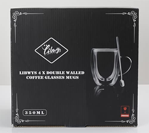 LIBWYS 4 Pack Double Walled Coffee Cups Glasses Mugs, 12oz Espresso Cappuccino Latte Tea Cups with Handle, Heat Resistant Borosilicate Clear Glasses 350ml