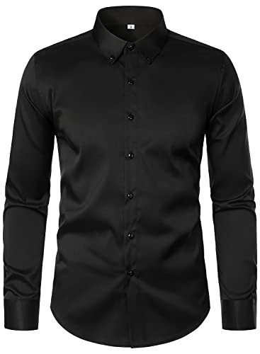 HOOD CREW Men’s Long Sleeve Button Down Shirt Slim Fit Casual Solid Dress Shirts Black 3XL