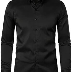 HOOD CREW Men’s Long Sleeve Button Down Shirt Slim Fit Casual Solid Dress Shirts Black 3XL